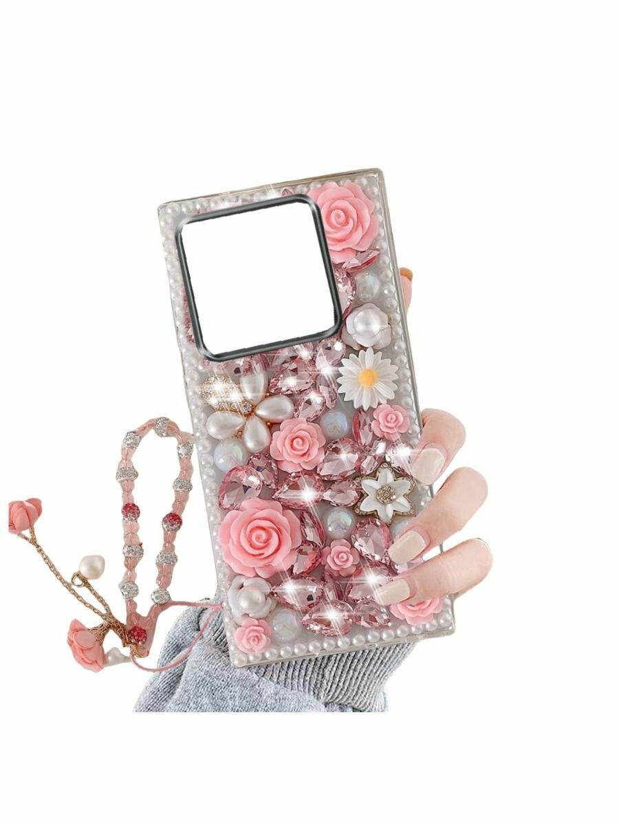 Чехол для Xiaomi 14 Pro (Сяоми 14 Про), Роскошные Luxury 3D роза сверкающие стразы с драгоценным камнем(розовый)