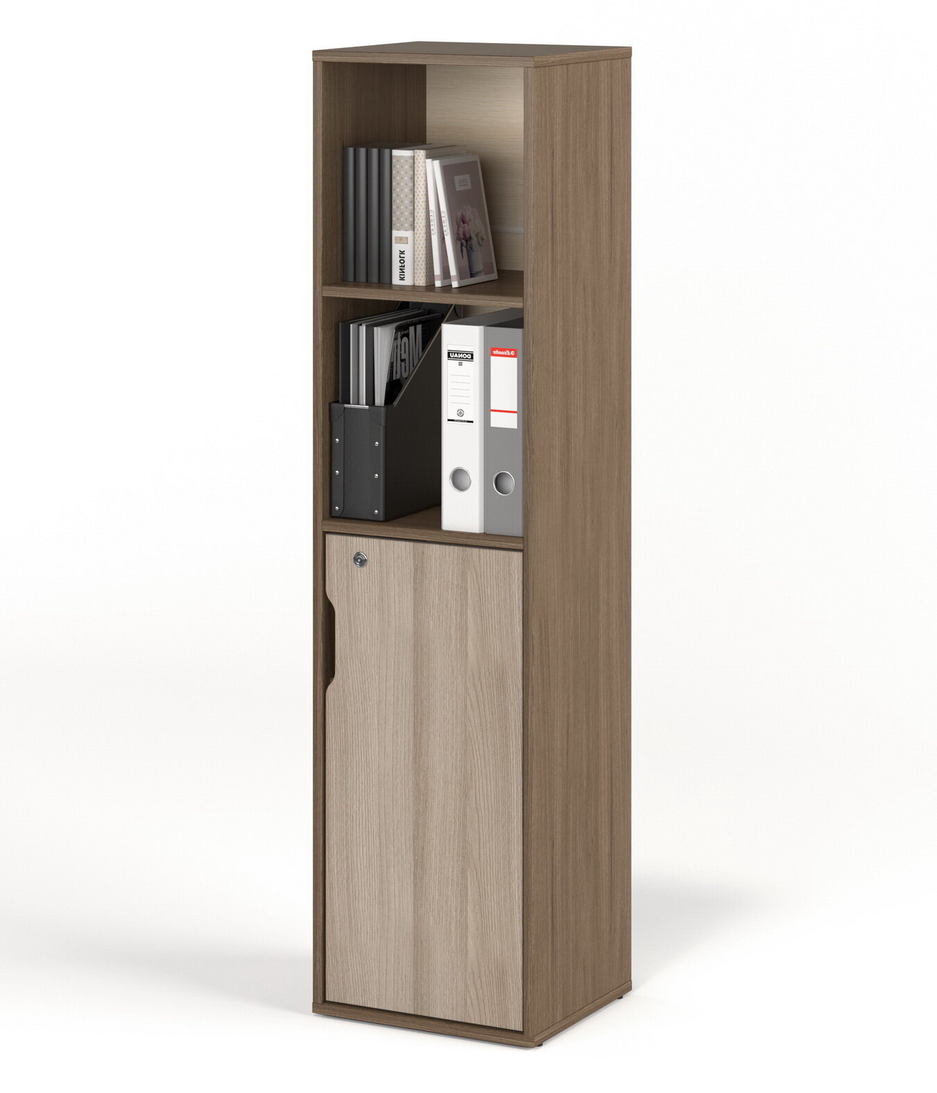 Стеллаж БАНГА-23 правый Ясень темный - Ясень светлый, с дверкой и отрытой полкой, (ВхШхГ) 142,6х36,8х32,6 см, ЛДСП