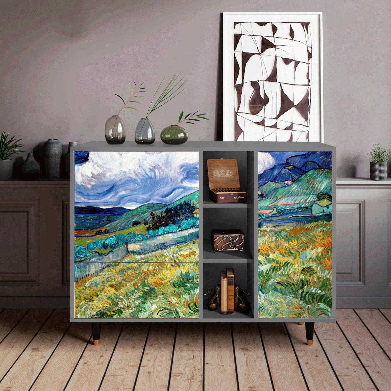 Комод - STORYZ - BS2 Landscape from Saint-Rémy by Vincent van Gogh, Разер - 125 x 97 x 48 см , Цвет корпуса - Серый