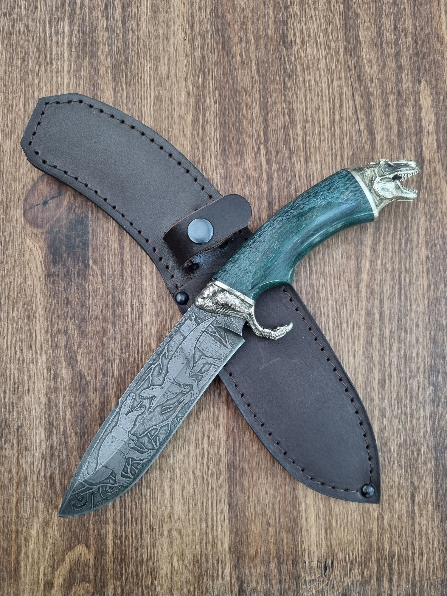 Нож Скиф "Динозавр" от Мастерская Семина, дамасская сталь, мельхиор и карельская береза