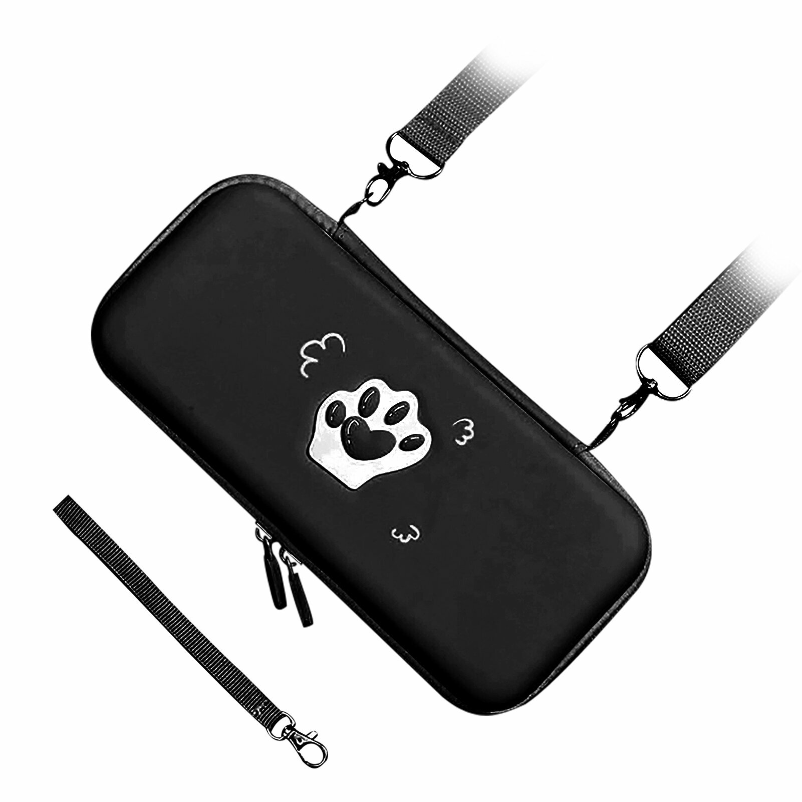 Cute Cat Paw Carrying Case PU Leather Hard Protective Cover with Shoulder Strap and Hand Rope for Switch Game Console Mysterious Black