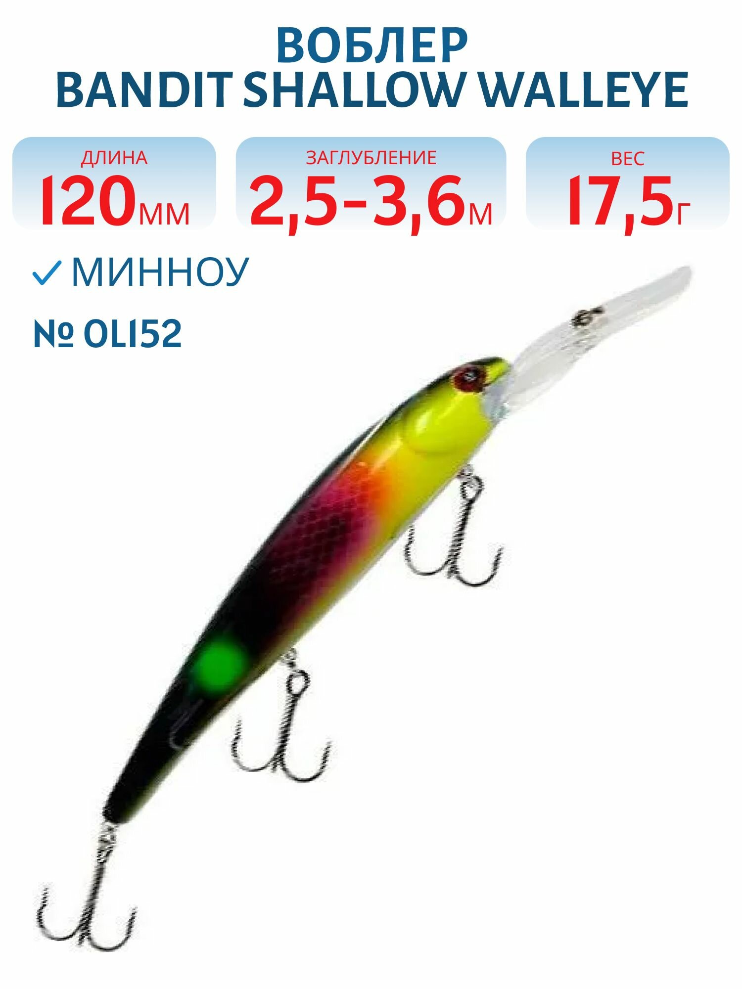 Воблер BANDIT SHALLOW WALLEYE, 120 мм, 17,5 гр, цвет OL152