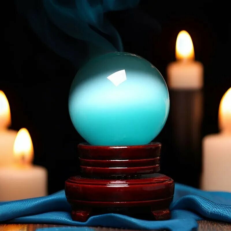 Голубой камень кошачий глаз Магический хрустальный шар, гадание, ритуал, Диаметр 4 см, С основанием