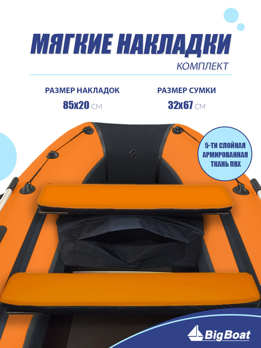 Комплект из 2х мягких накладок одна из них с сумкой на сидение лодки ПВХ, оранжевый 850х200х40