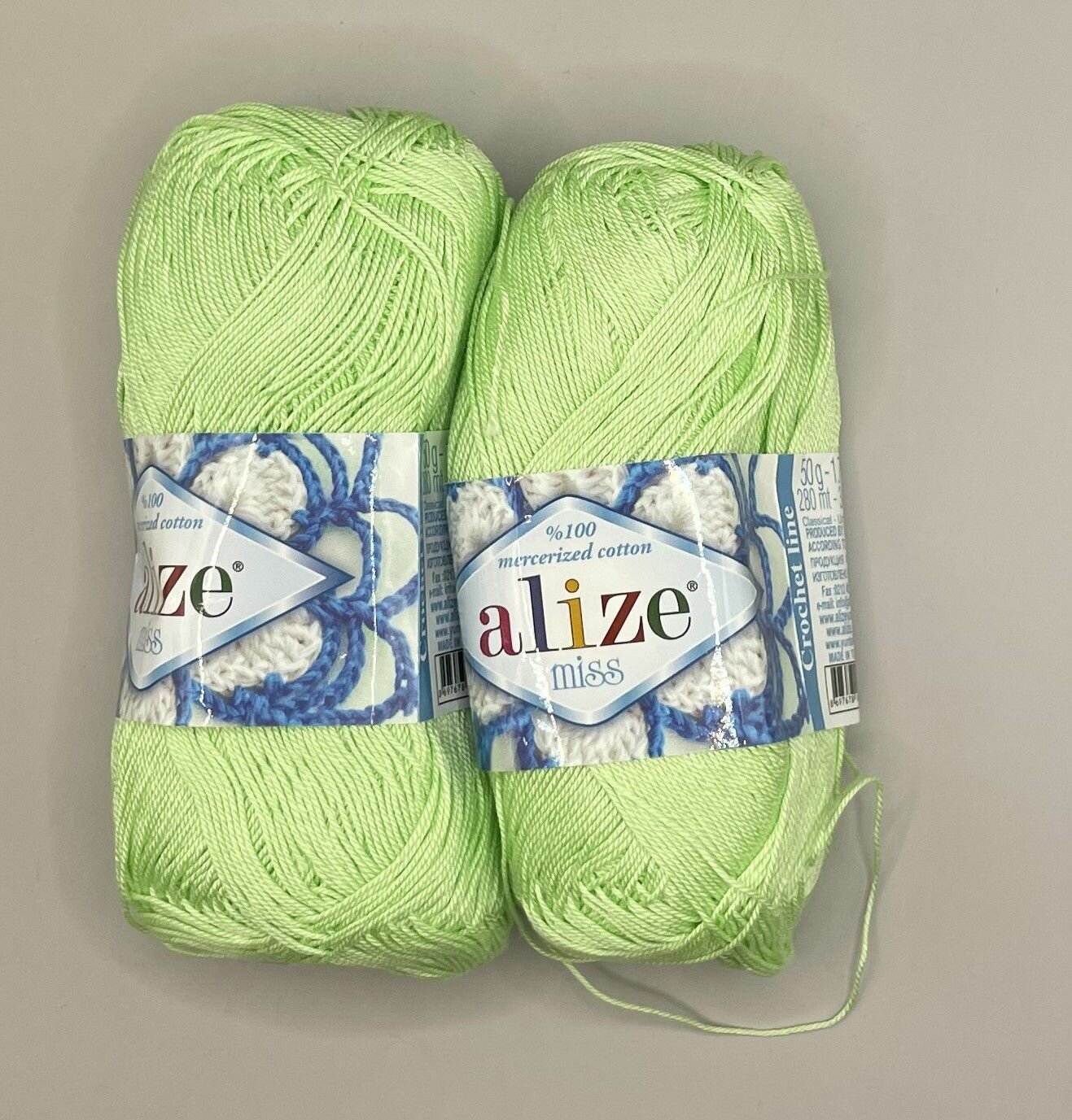 Два мотка пряжи Alize Miss, №478-мятный, 50гр.-280м,100%-хлопок мерсеризированный, уп.-2 мотка