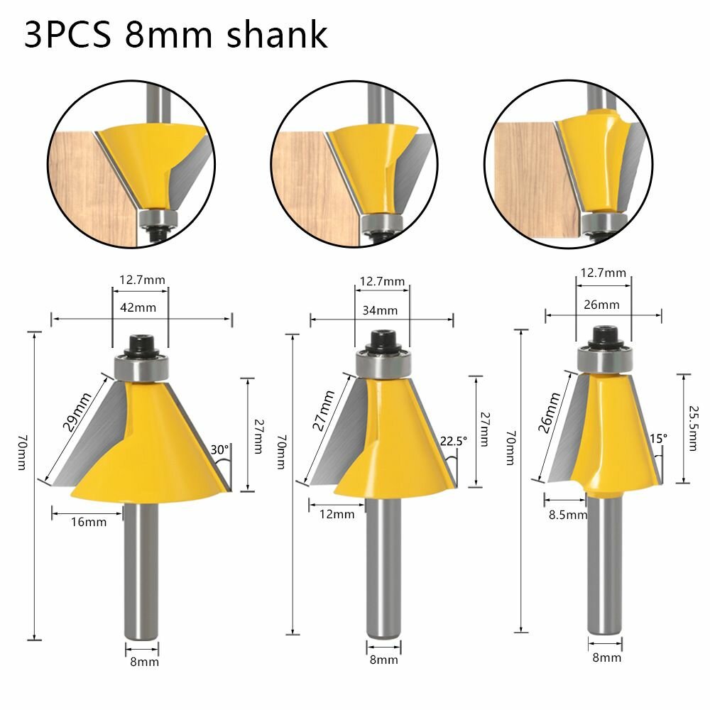 Коническая Фреза по дереву со скосом 15-22.5-30-угловыми скосами набор/3 шт. 8мм