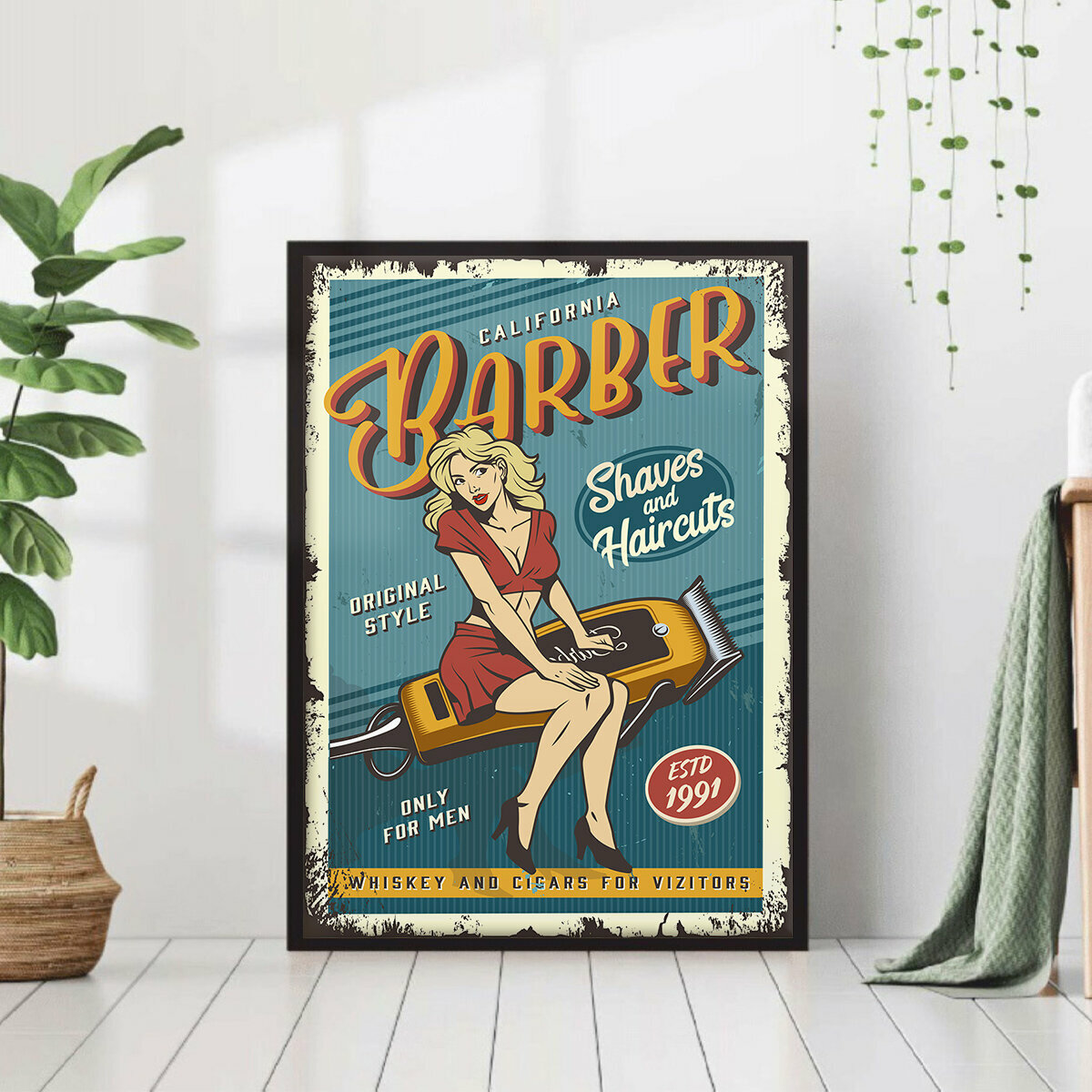 Постер "Ретро девушка барбершоп" в черной рамке 50х70 см для интерьера на стену