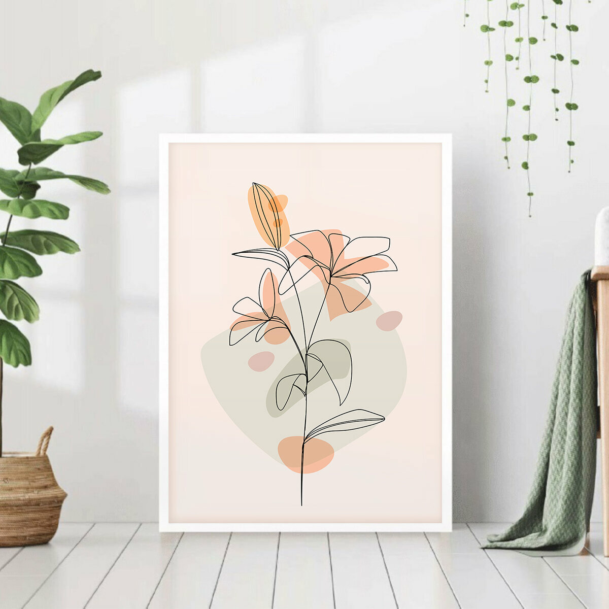 Постер "Цветы Лилии рисунок линией минимализм" в белой рамке 40x50 см для интерьера на стену
