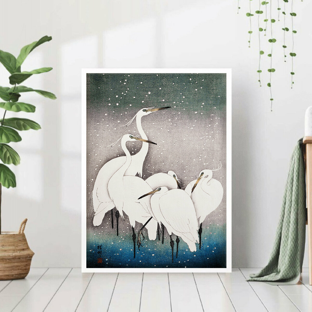Постер " Белые цапли репродукция в японском стиле" 50x70 в белой рамке для интерьера на стену