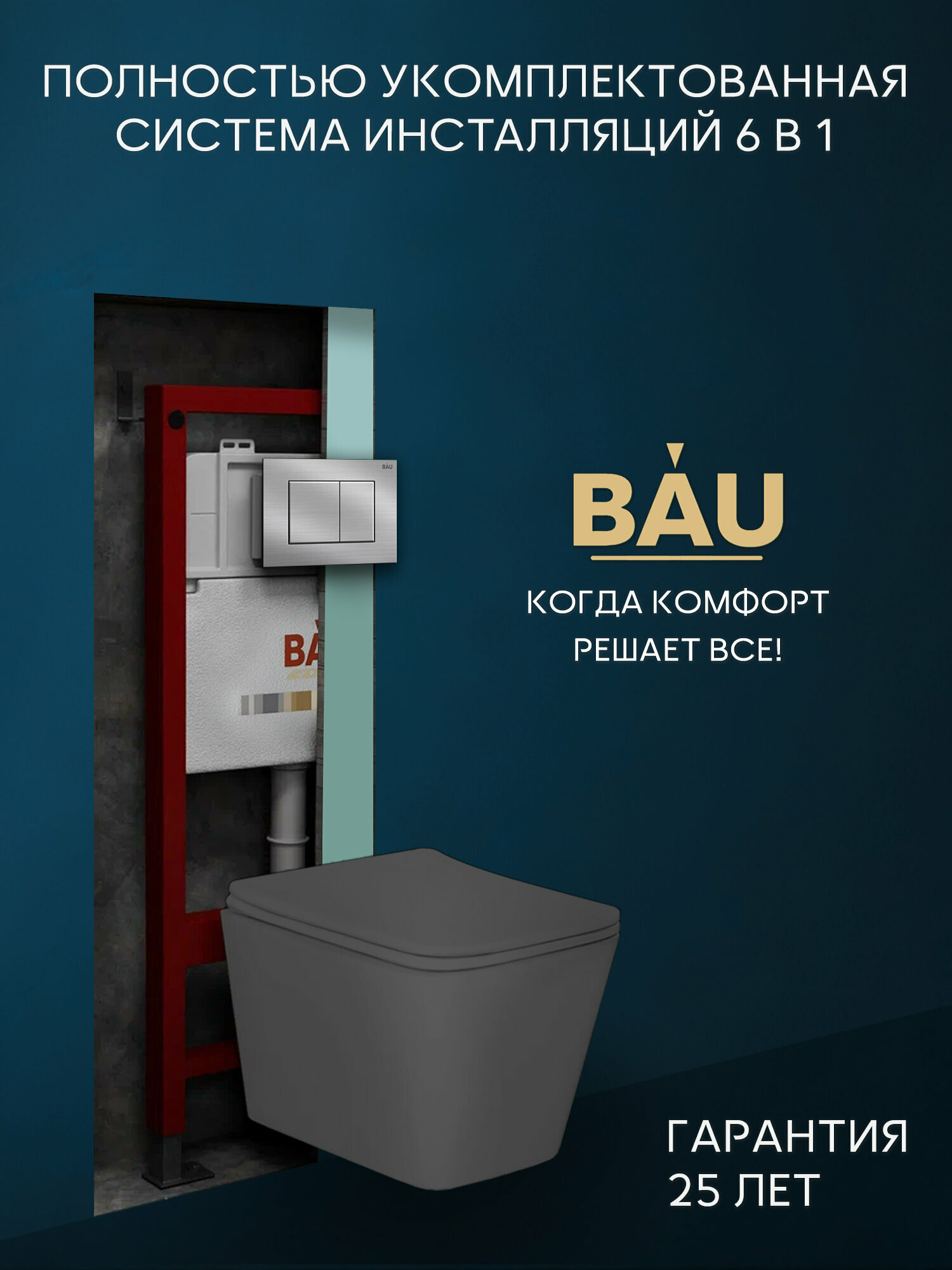 Инсталляция с унитазом комплект BAUEDGE : унитаз Stil, сиденье, темно-серый матовый, клавиша Stil сатин