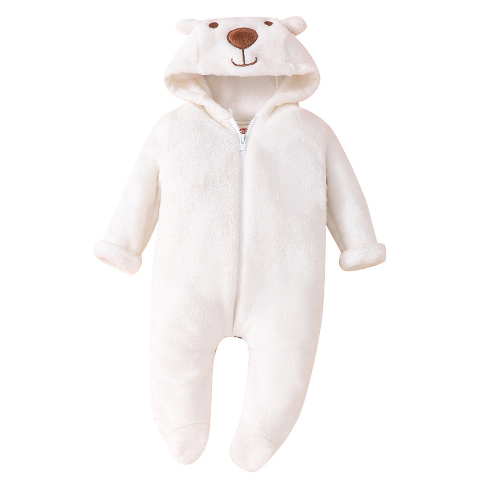 Unisex Baby Clothes Coral Fleece Jumpsuit White Color Size 60/70/80/90 Hooded Bodysuit Long Sleeve Onesies Zipper Fall Winter Infant Baby Boys Girls Clothing 1 Piece