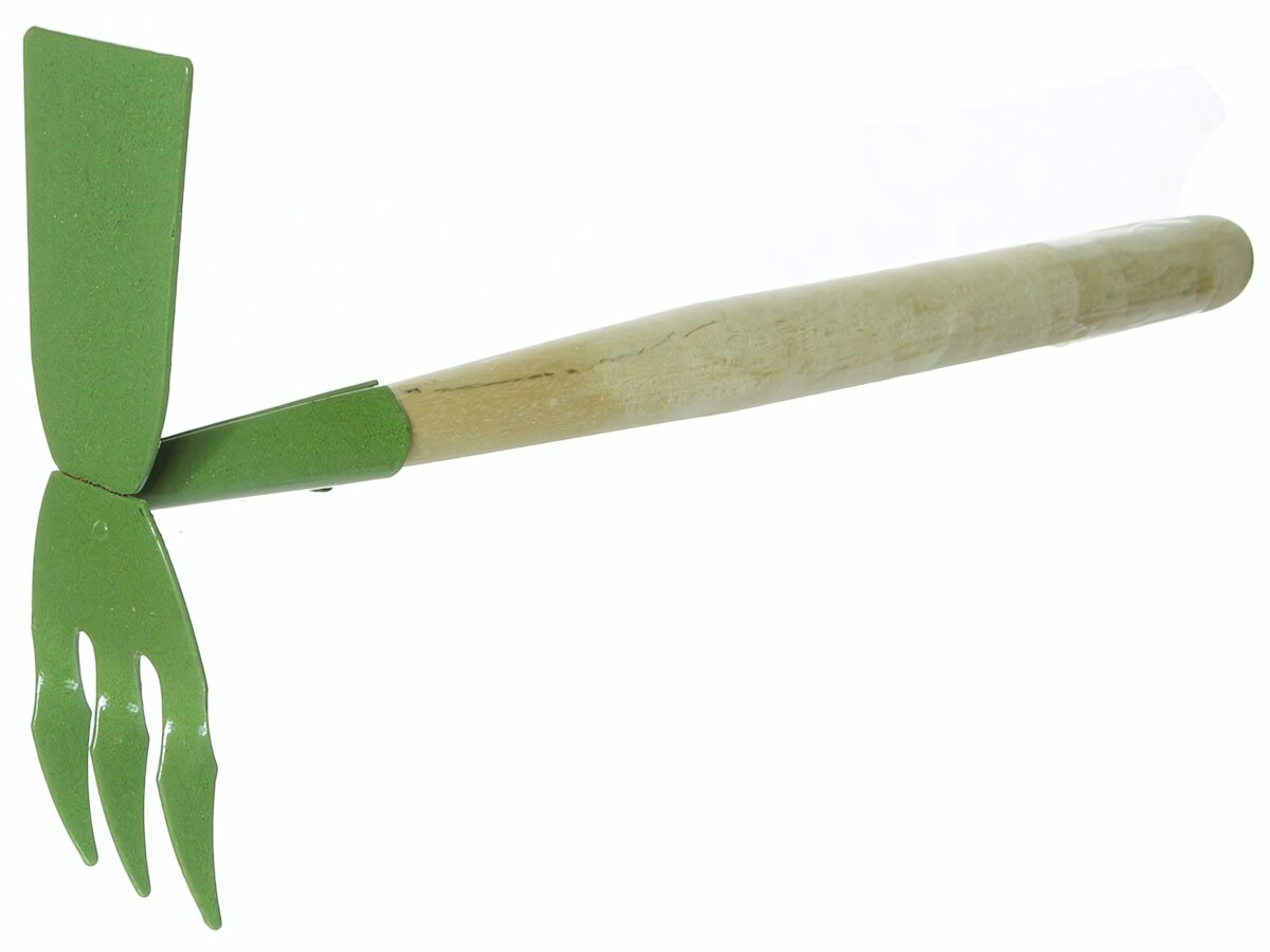 Мотыга 3-зубая с лопаткой, стальная рабочая часть, деревянный черенок, для рыхления и прополки