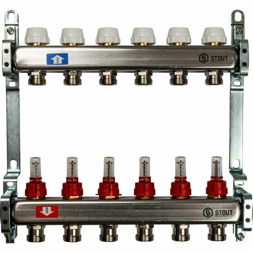 Коллектор для теплого пола из нержавеющей стали STOUT SMS 0917 000006 с расходомерами на 6 выходов