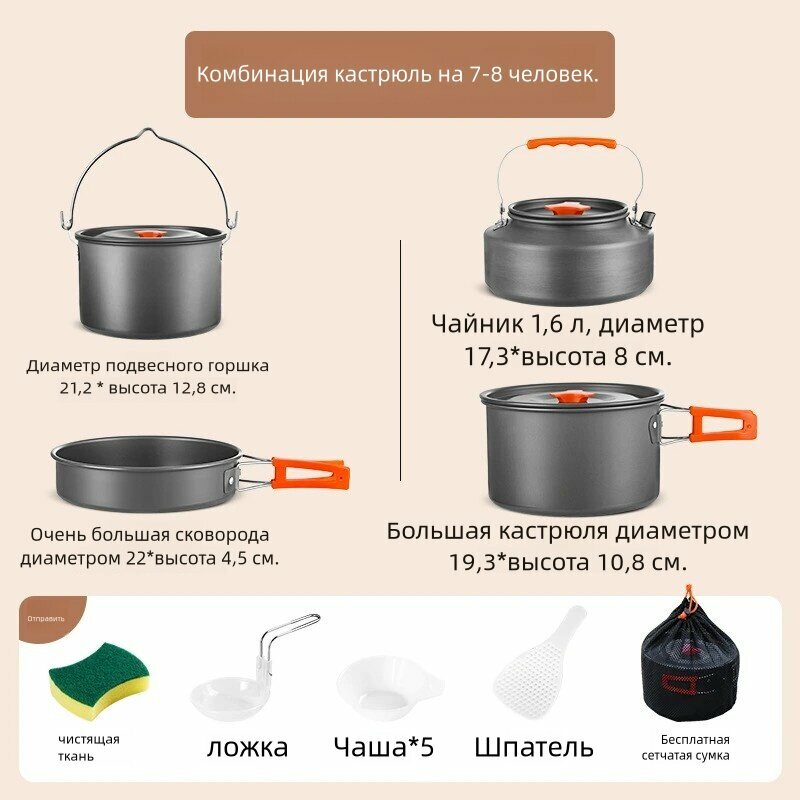Портативный набор для кемпинга 4-в-1 (сковорода+кастрюля+котелок+чайник) с сумкой