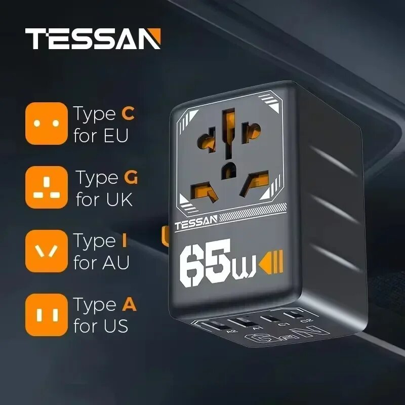 Универсальный дорожный адаптер GaN TESSAN 100 Вт с USB Type C, 65 Вт, международный адаптер для быстрой зарядки, вилка стандарта ЕС/Великобритании/США/Австралии/КР