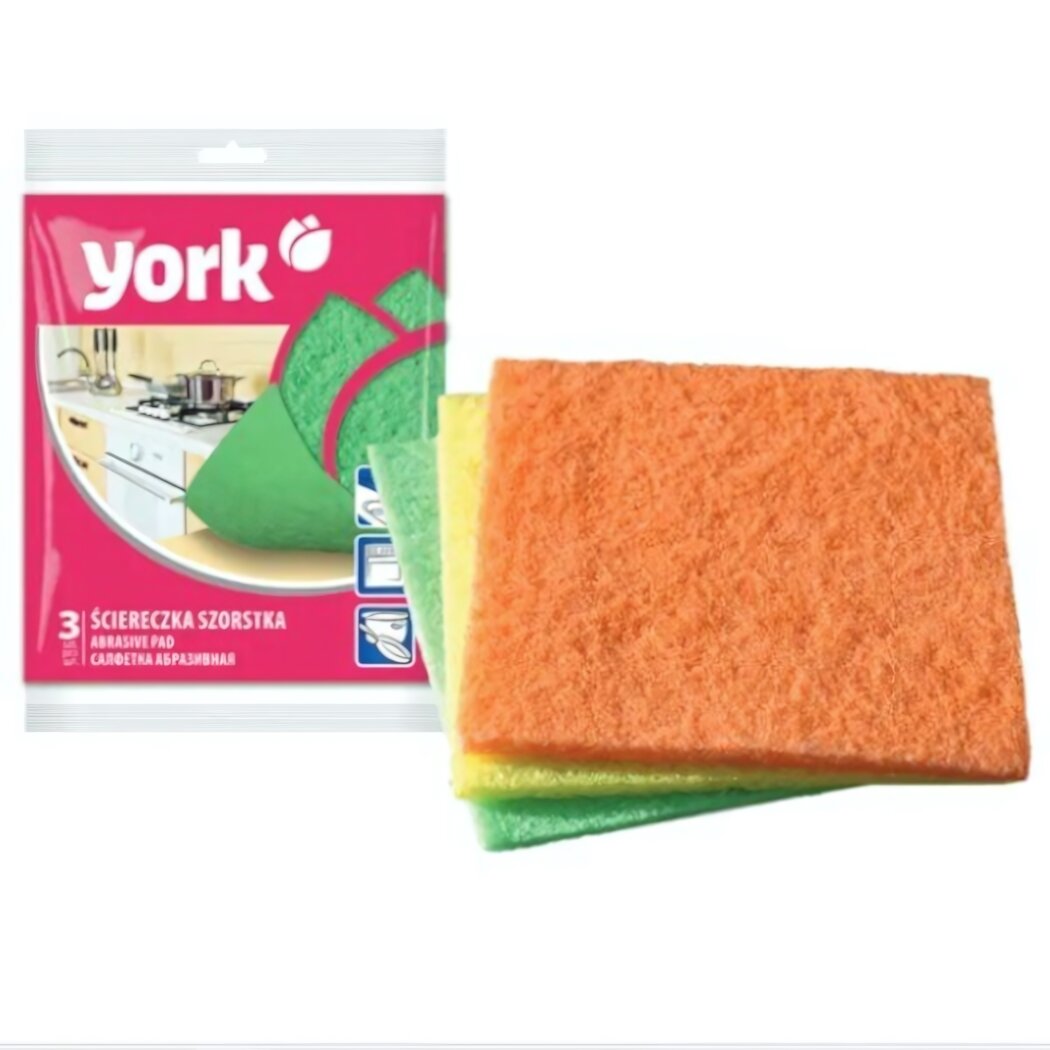 Губки абразивные YORK, комплект 3шт, 14х13см, фибра 500 г/м², разноцветный принт