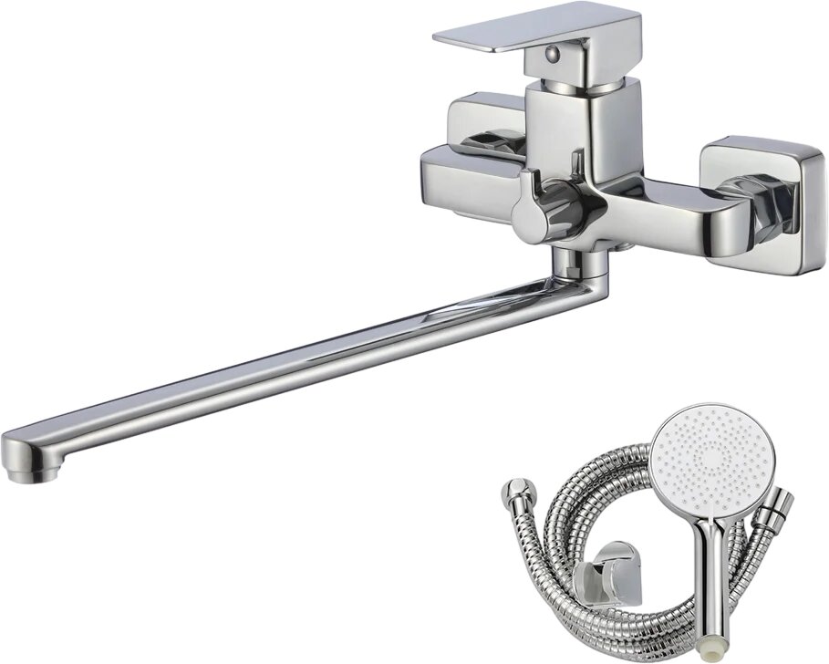 Смеситель с длинным изливом для ванны WesnaArt Narcis NAR06-320-25221 с душевым гарнитуром, поворотный, латунный, хром, глянцевый, смеситель для ванны с душем, рычажный, с настенным держателем