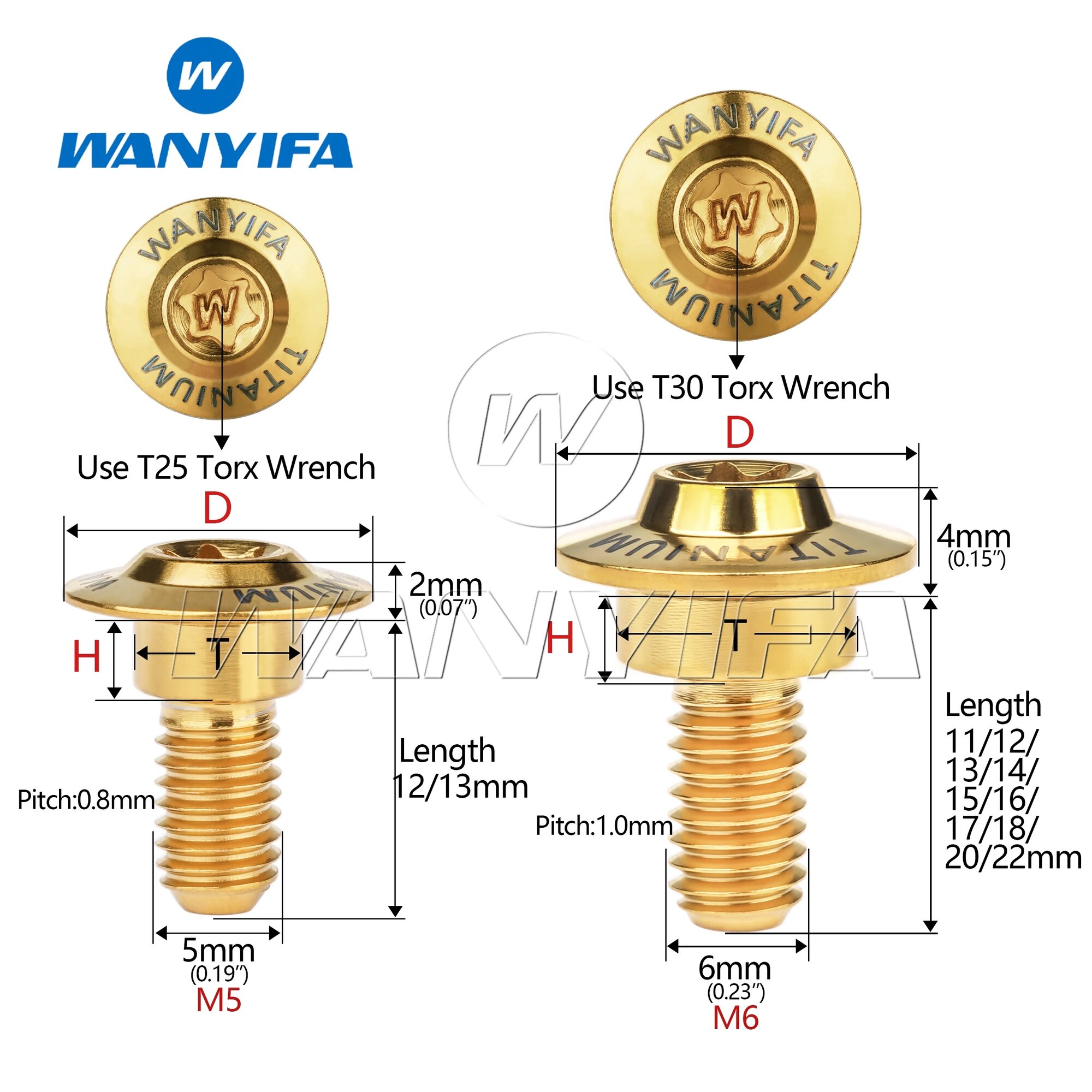 Титановый болт Wanyifa M5/M6 Torx 1 шт. Gold, M5x12 D12 T8 H3