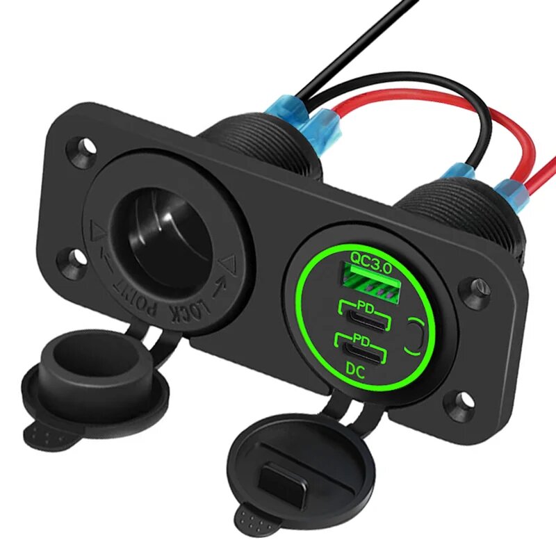 12 В USB-розетка, панель быстрой зарядки 3,0, 20 Вт, двойная розетка PD USB C, адаптер прикуривателя для автомобиля, лодки, автофургона, мотоцикла, Green set