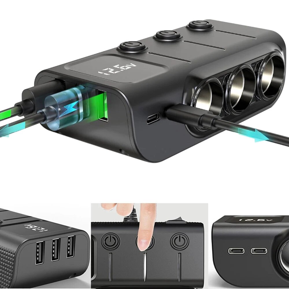 Новый разветвитель прикуривателя 3 в 1 разветвитель мощности 120 Вт USB PD адаптер для быстрой зарядки с отображением яркости напряжения с переключателем