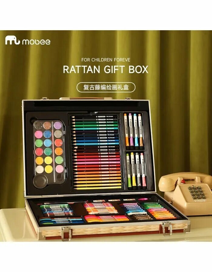 Набор для рисования Mobee в плетеном боксе (по умолчанию: 24 карандаша, 24 пастели, 12 маркеров)