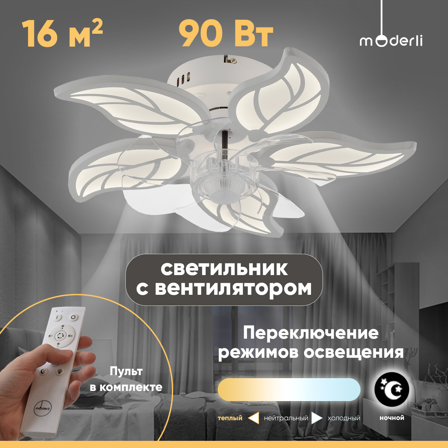 Светильник потолочный светодиодный с вентилятором Moderli V11369-CL Amy, белый