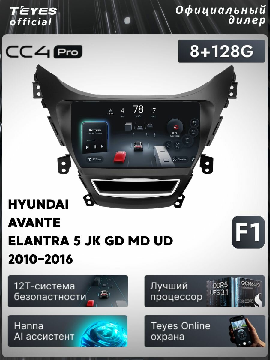 Магнитола Hyundai Elantra 5 JK GD MD UD 2010-2016 (Комплектация F1) Teyes CC4 Pro 8/128GB Тиайс, штатная магнитола, 8-