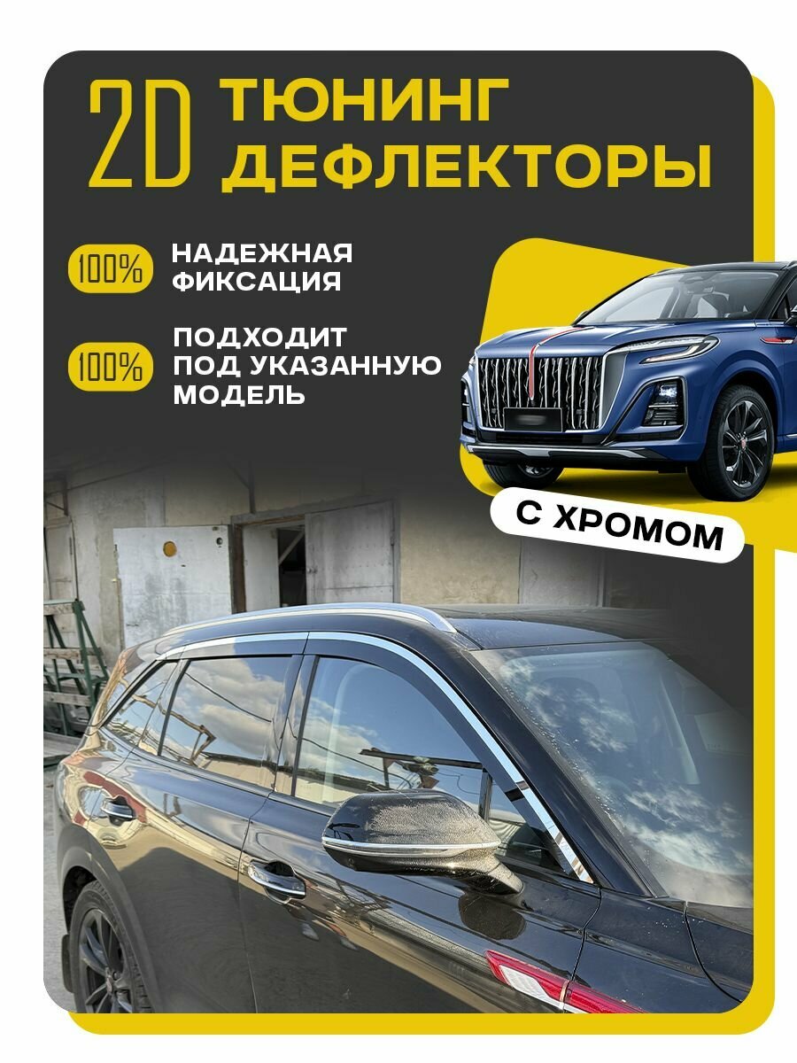 Плоские тюнинг дефлекторы с хромом для Hongqi HS3 (2023-2025) 2d дефлекторы / Ветровики на Хунцы HS3. Комплект 6 шт.