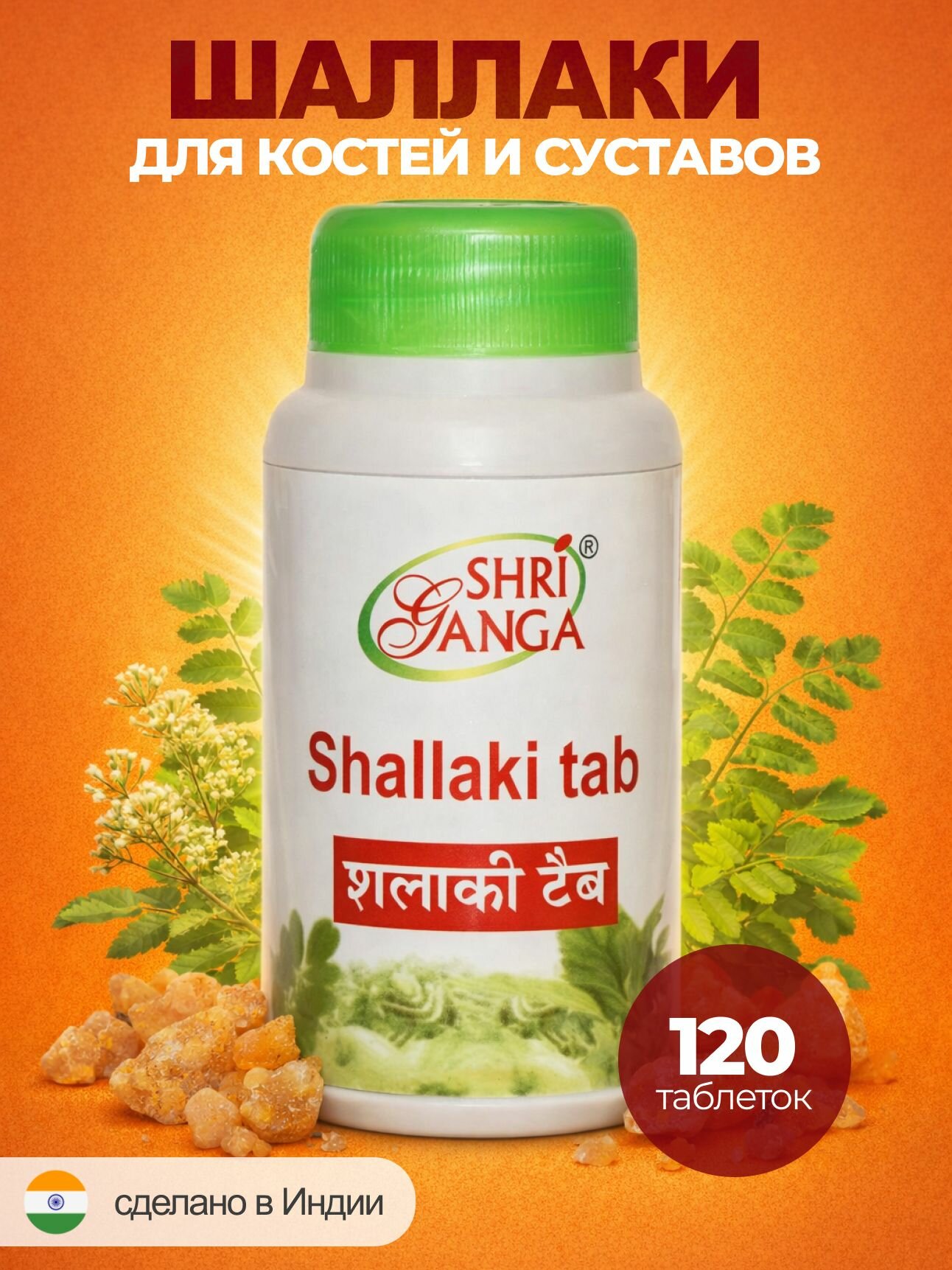 Таблетки Shri Ganga "Шаллаки", 100% Boswellia Serrata, для костей и суставов, 120 шт