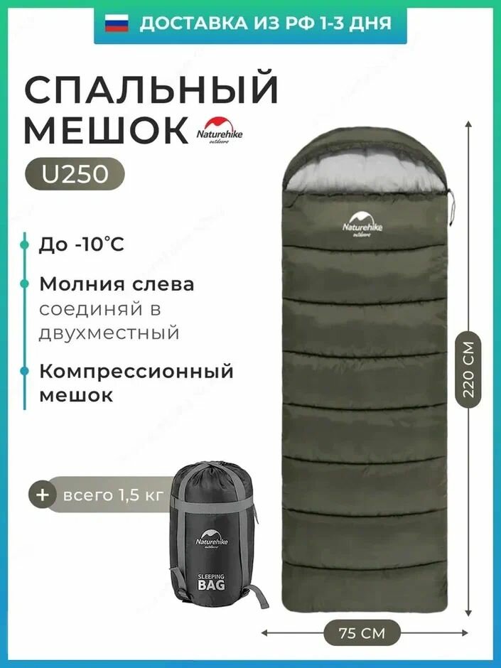 Спальный мешок Naturehike u250 / до -10С, 1.5 кг, зеленый, молния слева / состегивается в двухместный спальник