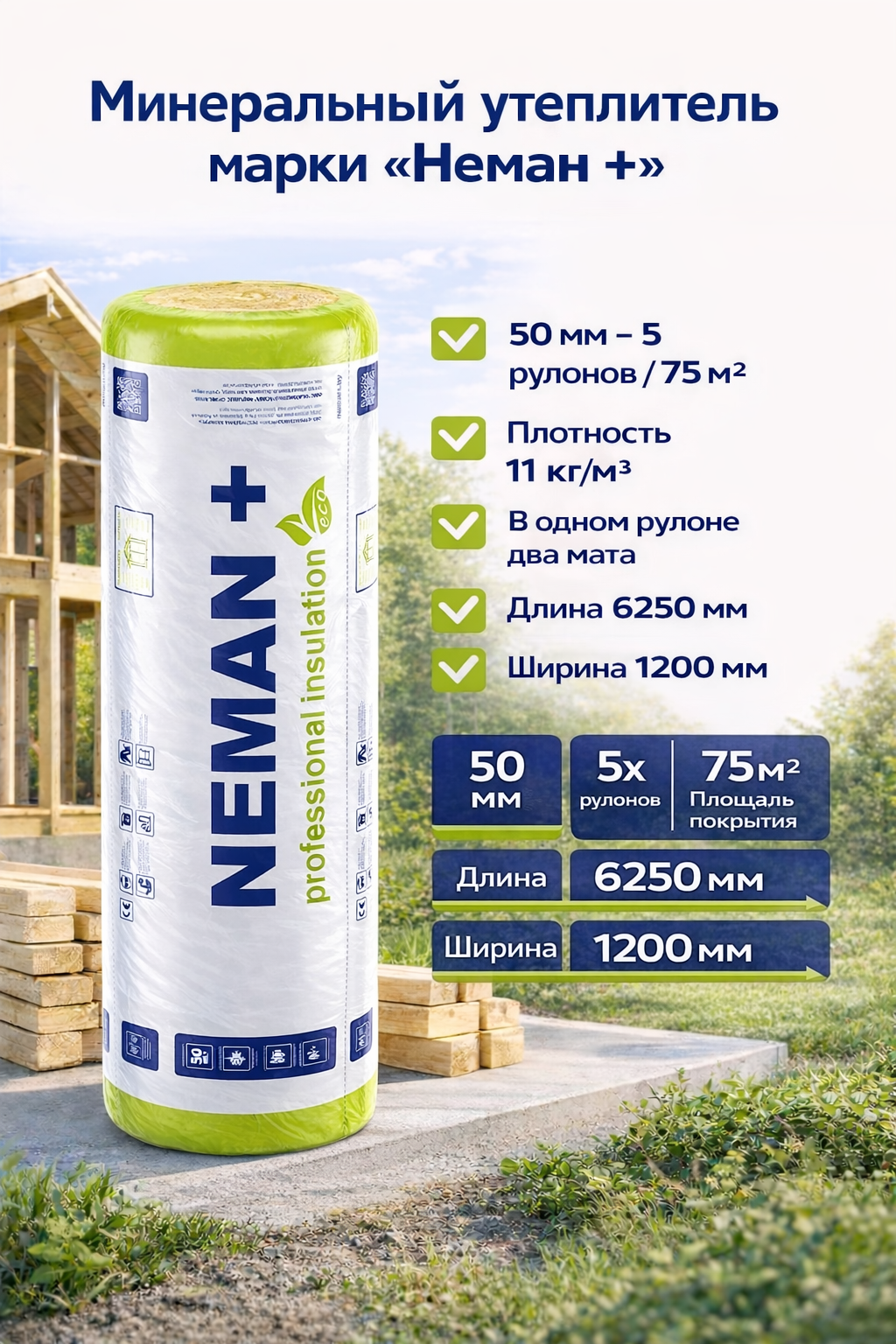 Утеплитель в рулоне 5 шт. 75 м2 минеральная вата 50мм Неман + для стен, кровли, перекрытий