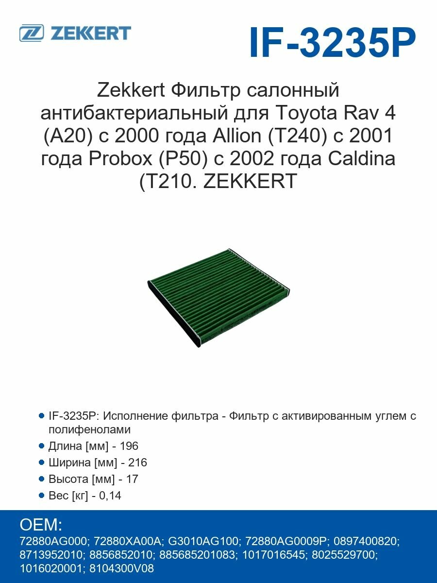 Zekkert Фильтр салонный антибактериальный для Toyota Rav 4 (A20) с 2000 года Allion (T240) с 2001 года Probox (P50) с 2002 года Caldina (T210. ZEKKERT