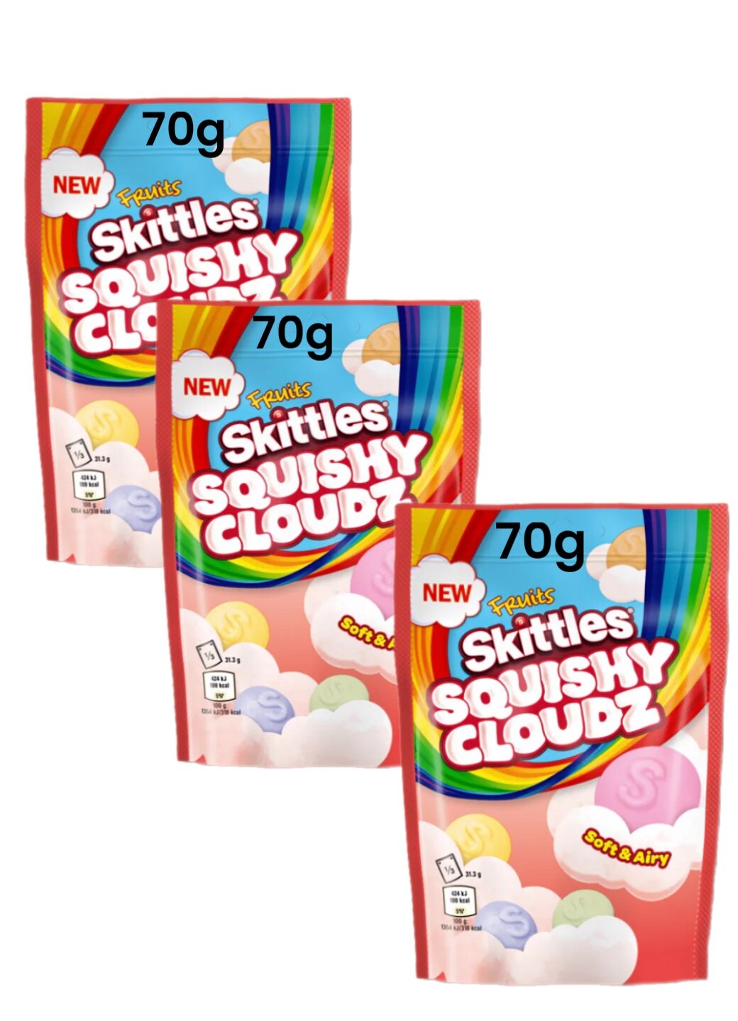 Драже жевательные мягкие Skittles Squishy Cloudz Fruits Soft&Airy / Скитлс мягкие фрукты, 70гр х 3 шт