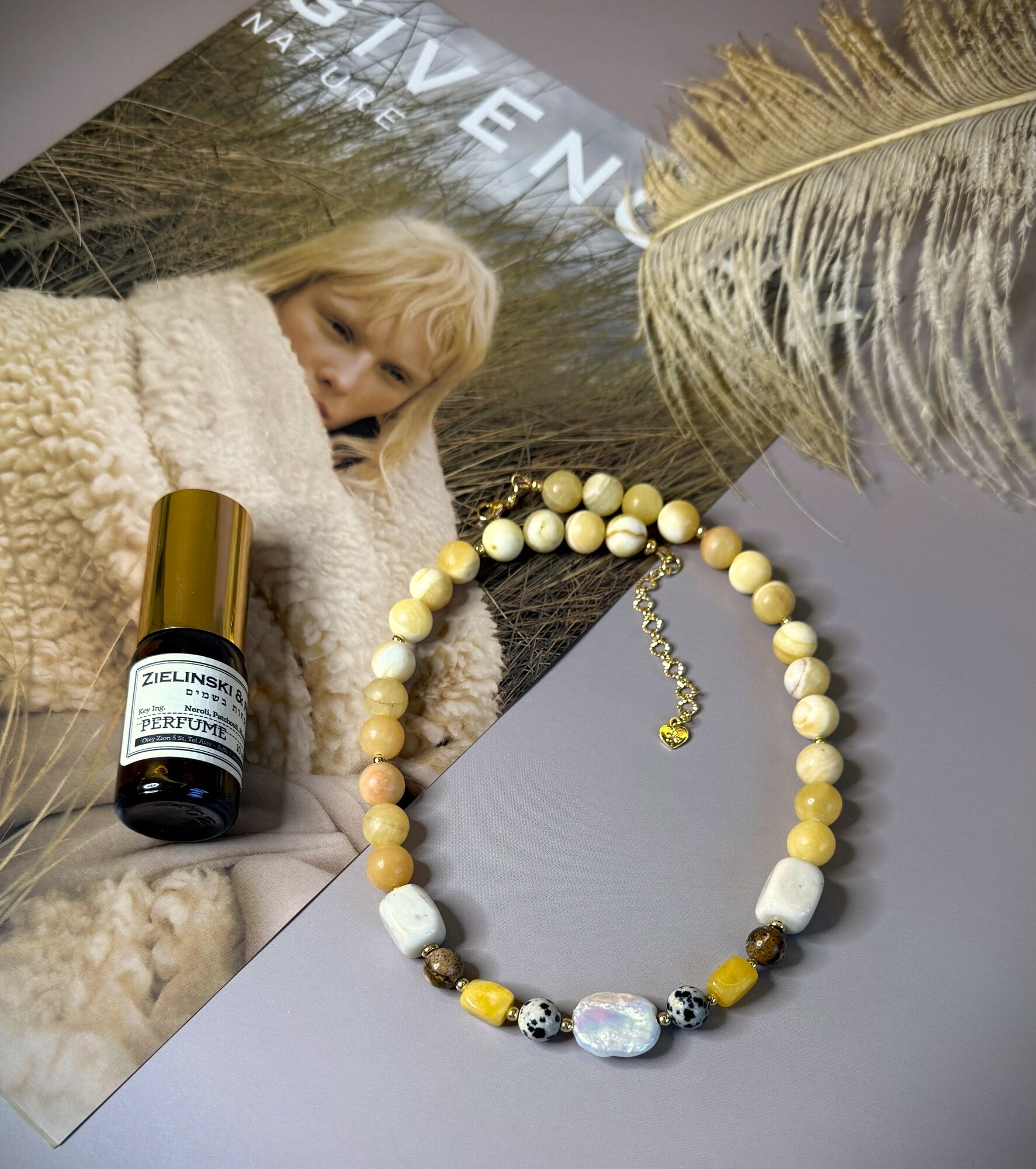 Колье, яшма, гематит, жемчуг культивированный, агат