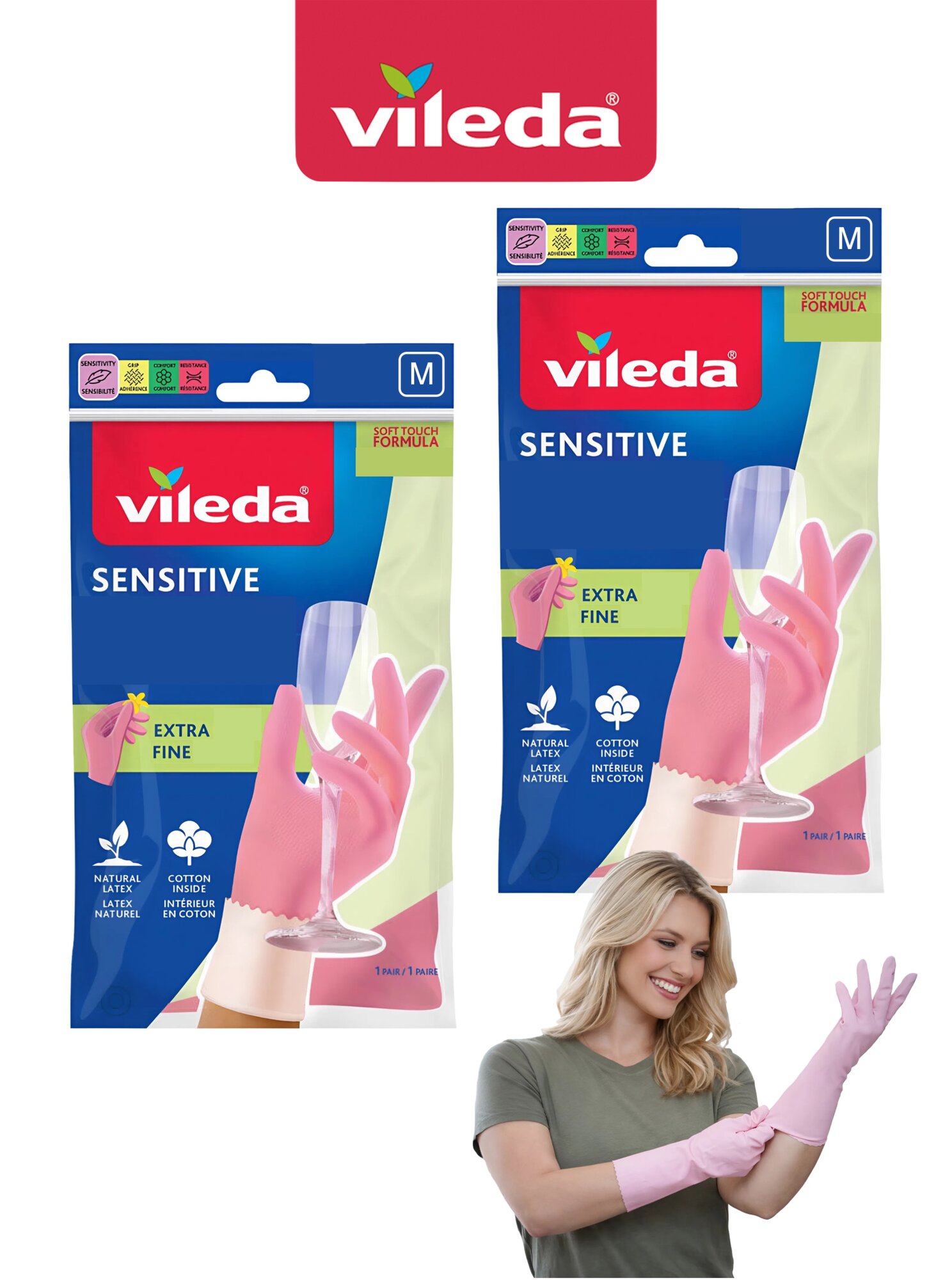 Перчатки латексные для деликатных работ Vileda Сенситив, Sensitive, комплект 2 пары - 4 шт, размер M/8, цвет: розовый, 105393-2