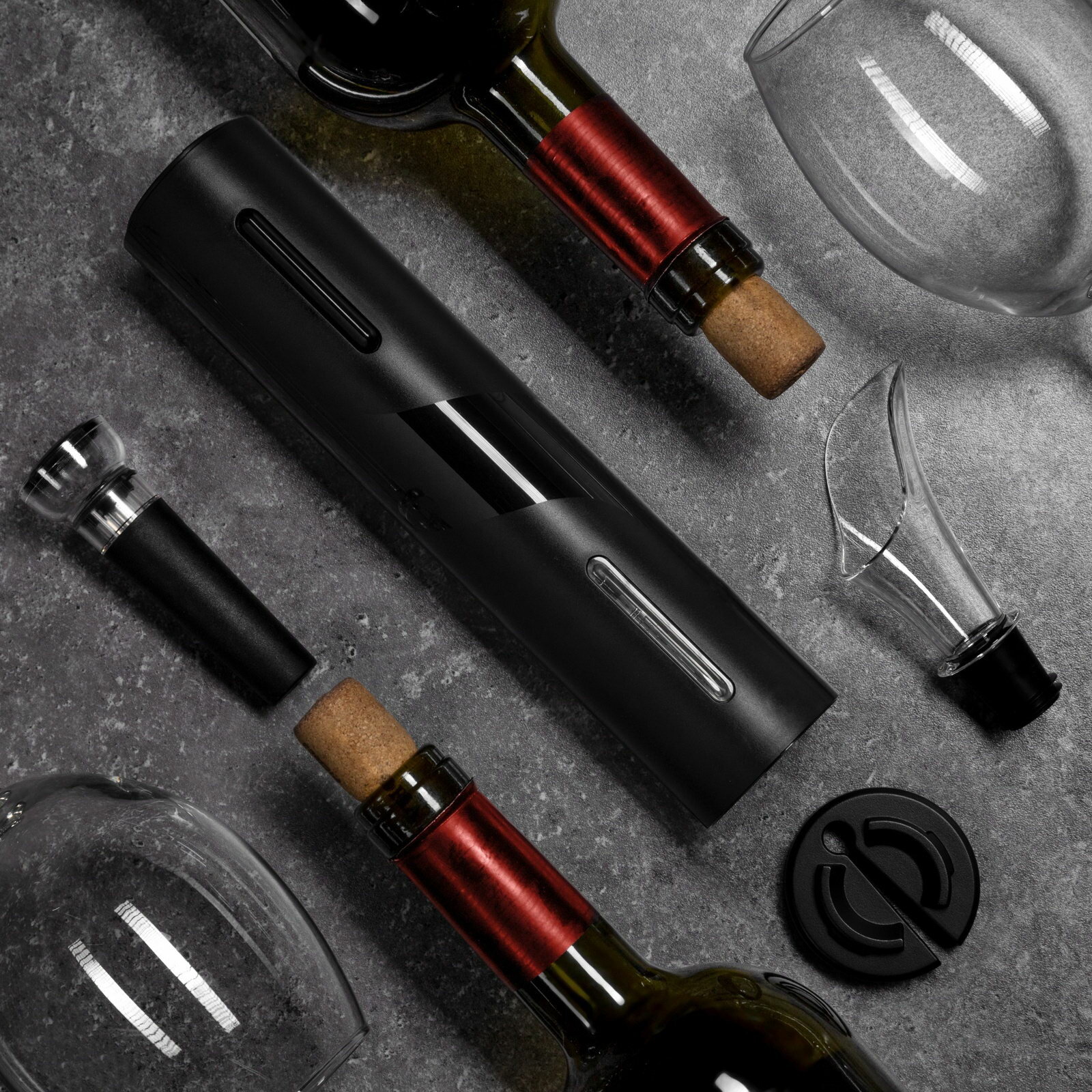 Набор сомелье электрический LSH-04, пробка, аэратор, штопор, от батареек, чёрный