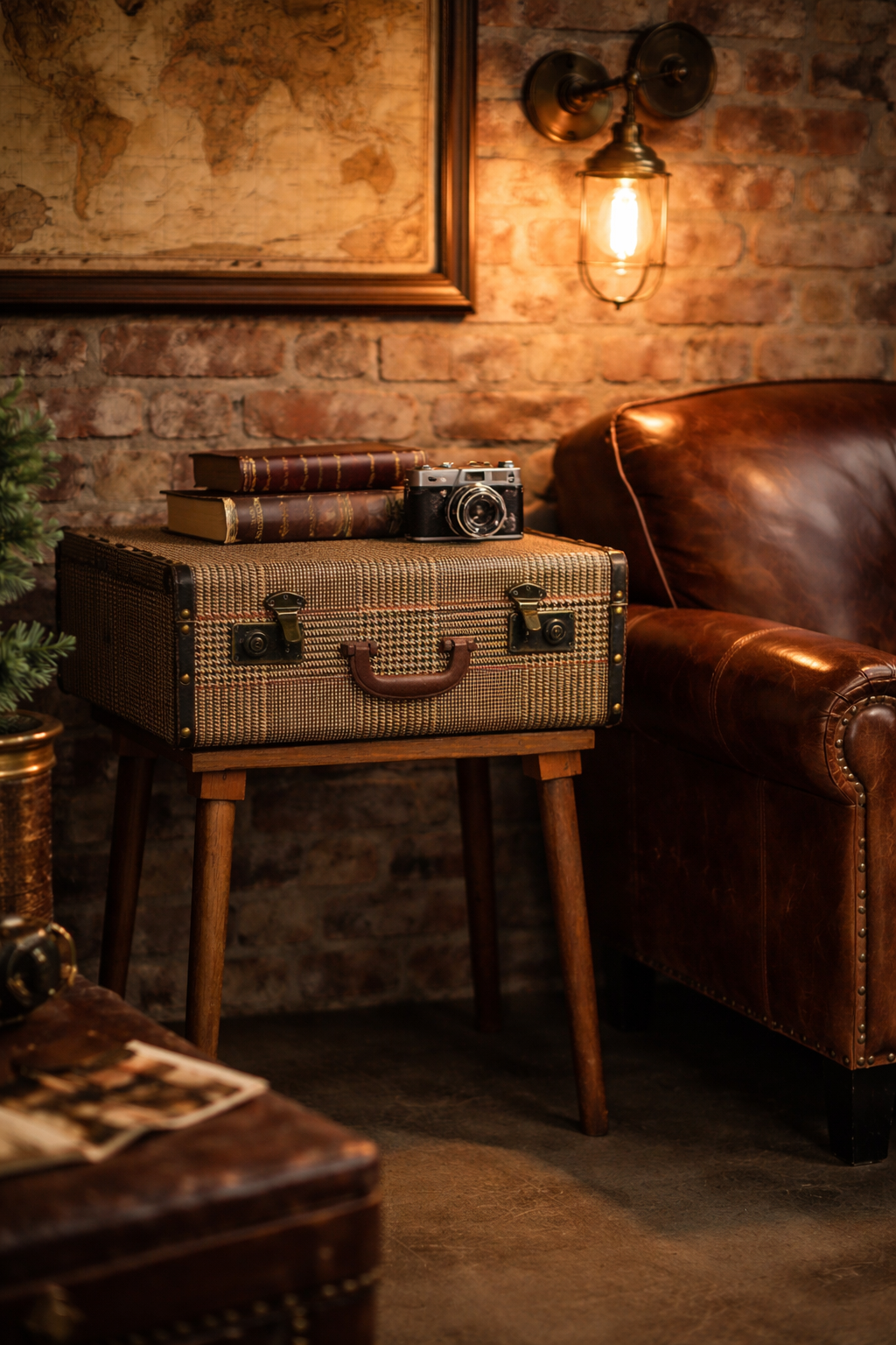 Комод в форме чемодана, в винтажном стиле из дерева и кожи, бронзовые замки, дизайнерский лофт
