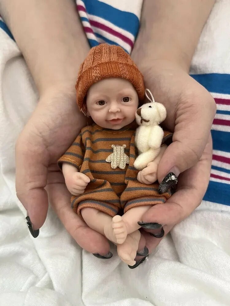 Реалистичная кукла-младенец Reborn 5,5 дюйма, полное тело из силикона, карие глаза, открытые миниатюрные младенцы, мальчик с одеждой, аксессуары для кормления