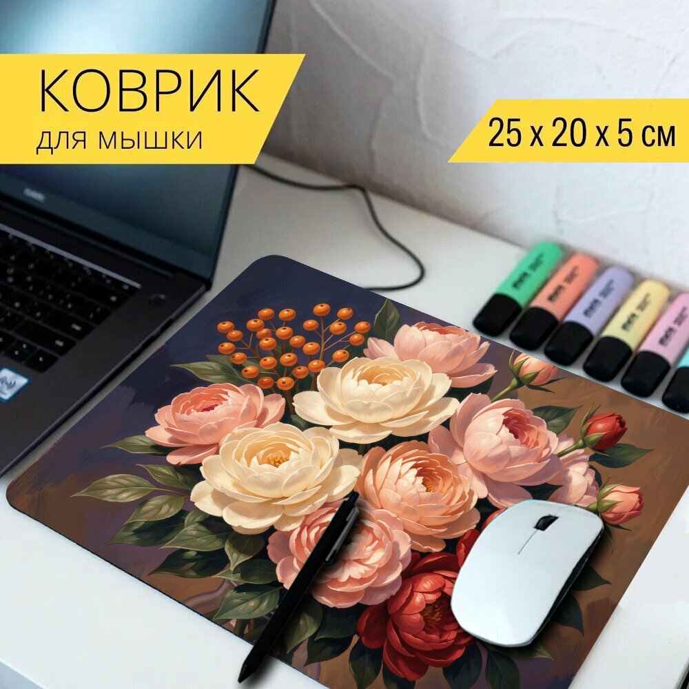 Коврик для мыши с принтом "Пышный букет пионов и бутонов. Нежная цветочная композиция в живописной манере: крупные садовые цветы, раскрытые и закрытые бутоны, ягоды и." 25x20см.
