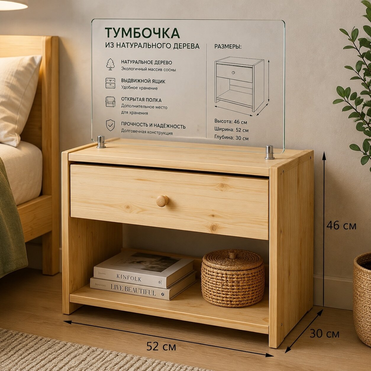 Тумба р-1 (прикроватная) c ящиком, 52х30х46, сосна, без покрытия, Икеа аналог