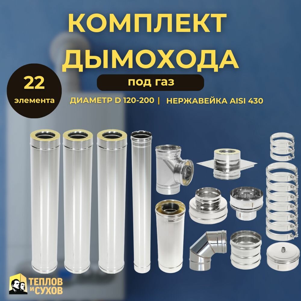 Комплект дымохода 120х200 сэндвич для газового котла из нержавейки 0.8мм сборка по конденсату