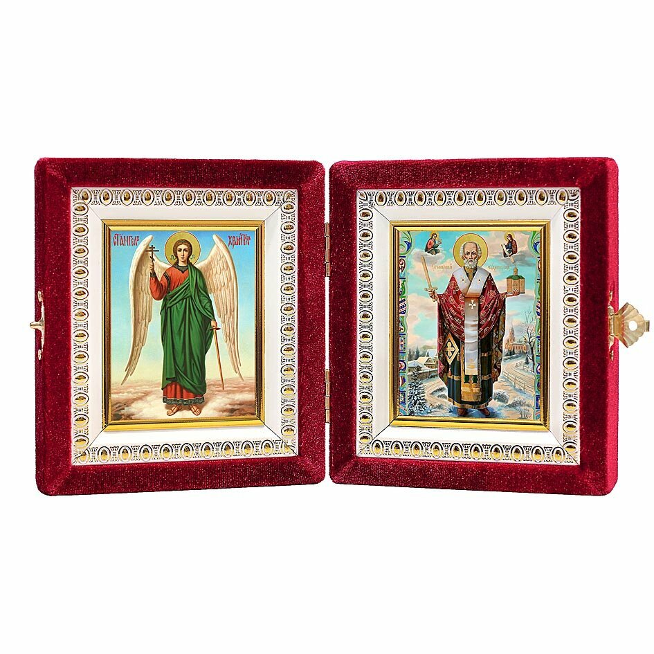 Складень именной "Святитель Николай Чудотворец на зимнем фоне "Никола Можайский" - Ангел Хранитель", размер ликов 6*7,5 см