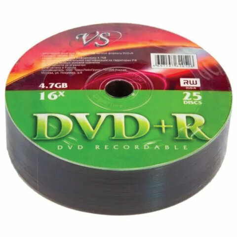 Диски DVD+R (плюс) VS, 4.7 Гб 16x Bulk (термоусадка без шпиля), комплект 25 шт, VSDVD, VSDVDPRS2501