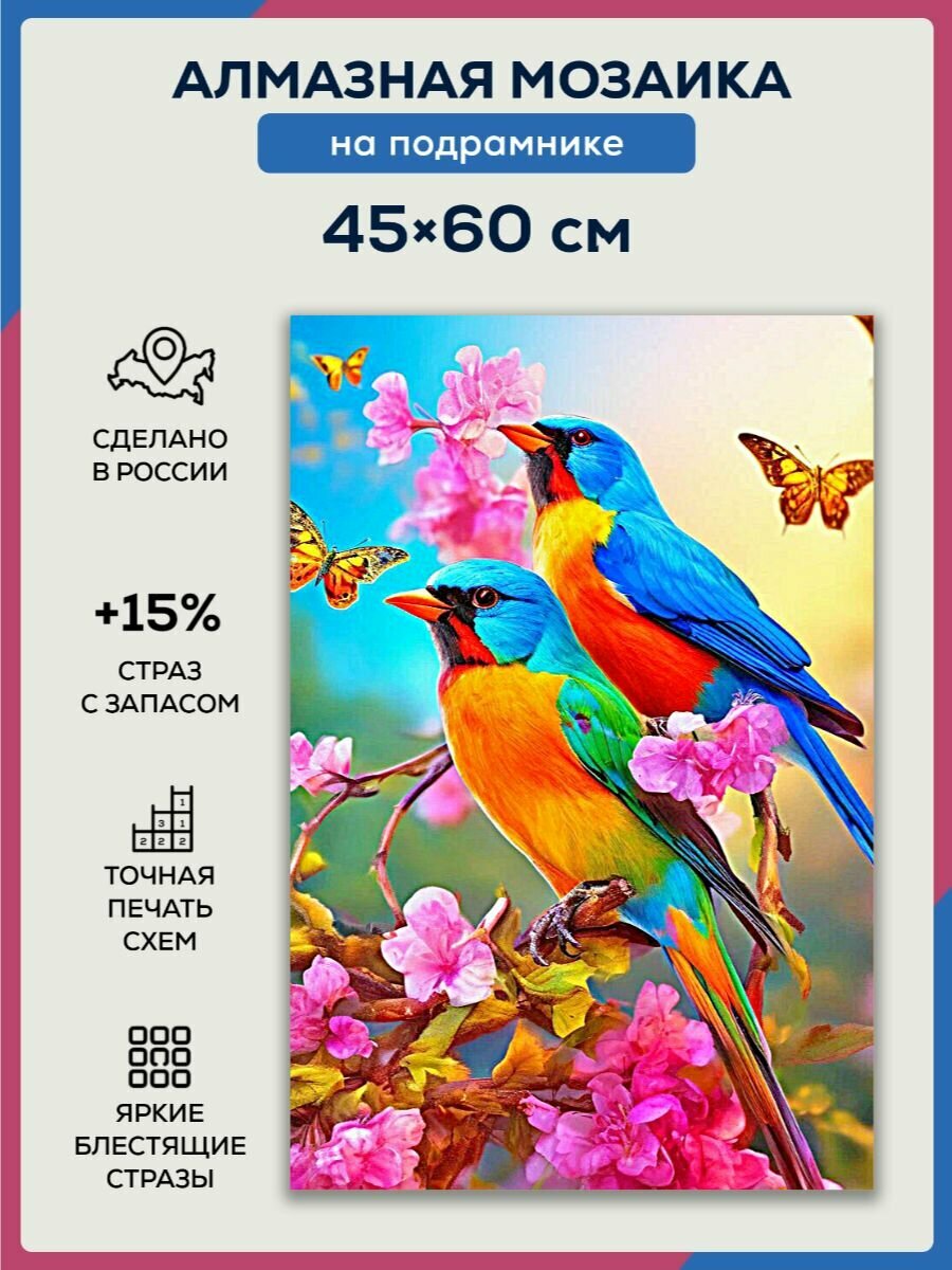 Алмазная мозаика 45x60 Яркие птицы на подрамнике