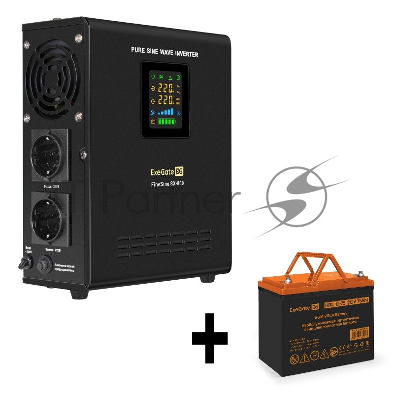Комплект ИБП EX295996RUS + батарея 75Aч EX285653RUS 1шт (инвертор, синус, для котла, настенный) ExeGate FineSine SX-800. LCD. AVR.2SH <800VA/500W, чистая синусоида, цветной LCD-дисплей, AVR, 2*Schuko, линейно-интерактивный, крепление настенное/универса