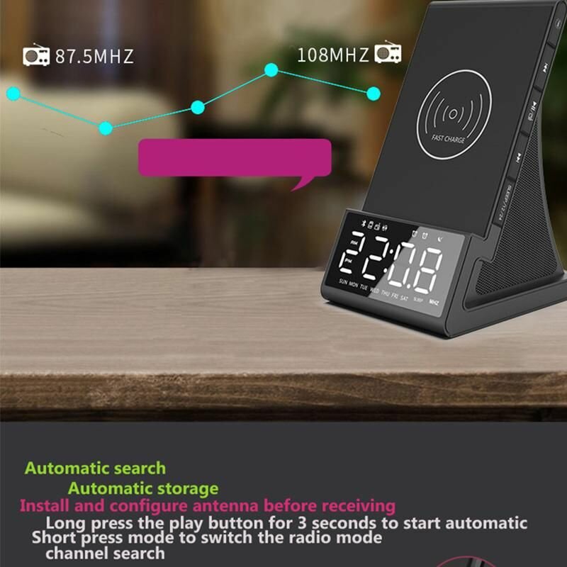 Беспроводной зарядный будильник с многофункциональным Bluetooth FM-радио и Mp3-плеером