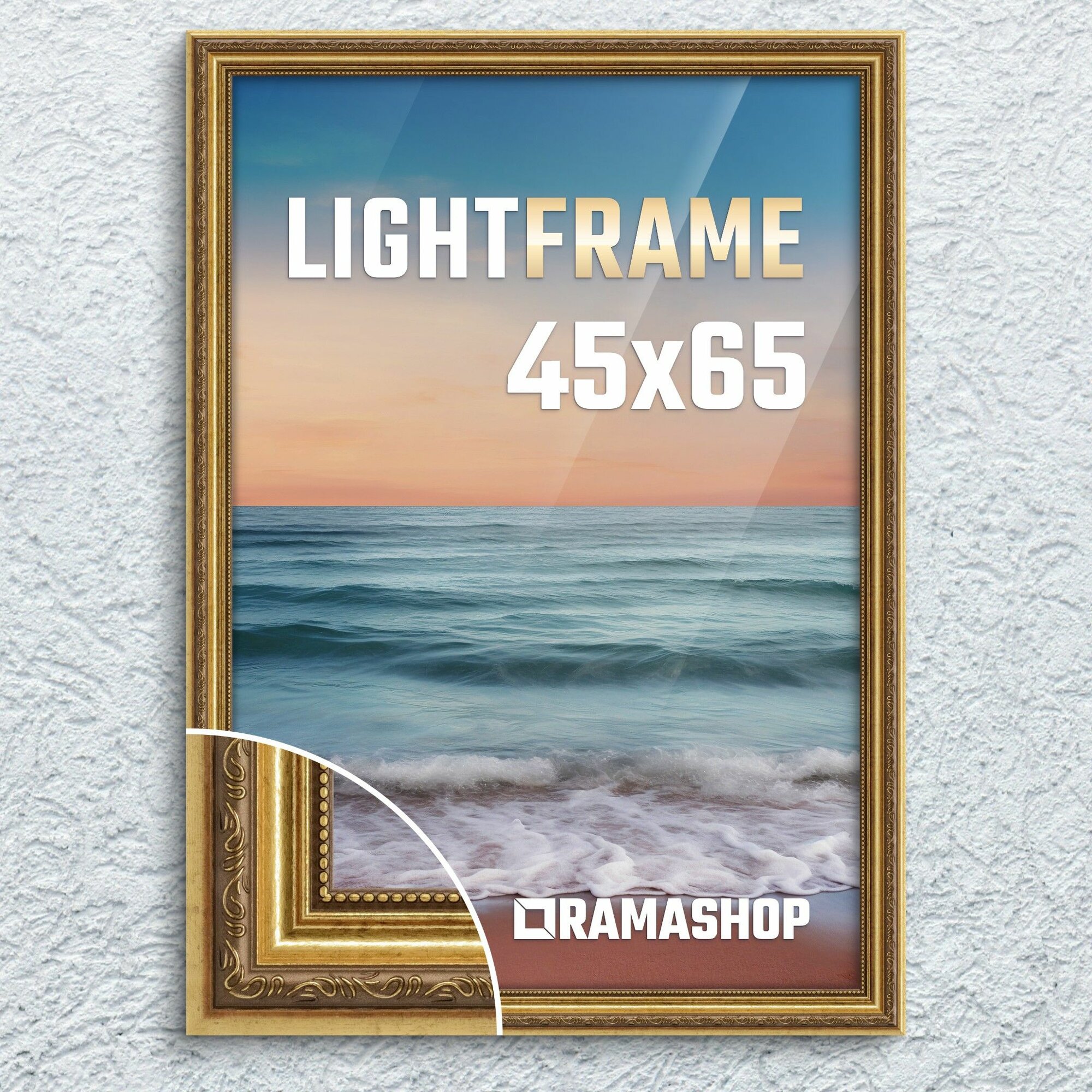 Рамка для фото 45х65 см, серия "Light Frame", фоторамка багетная. Золото, классический профиль 32х24 мм. Пластик