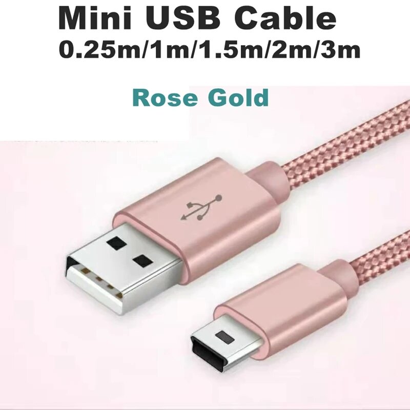 Красочный плетеный мини-USB 5-контактный кабель для синхронизации данных, зарядный кабель, адаптер USB 2,0, Т-порт, линия для MP3, MP4, автомобильный видеорегистратор, камера 0,25 м/1 м/2 м/3 м
