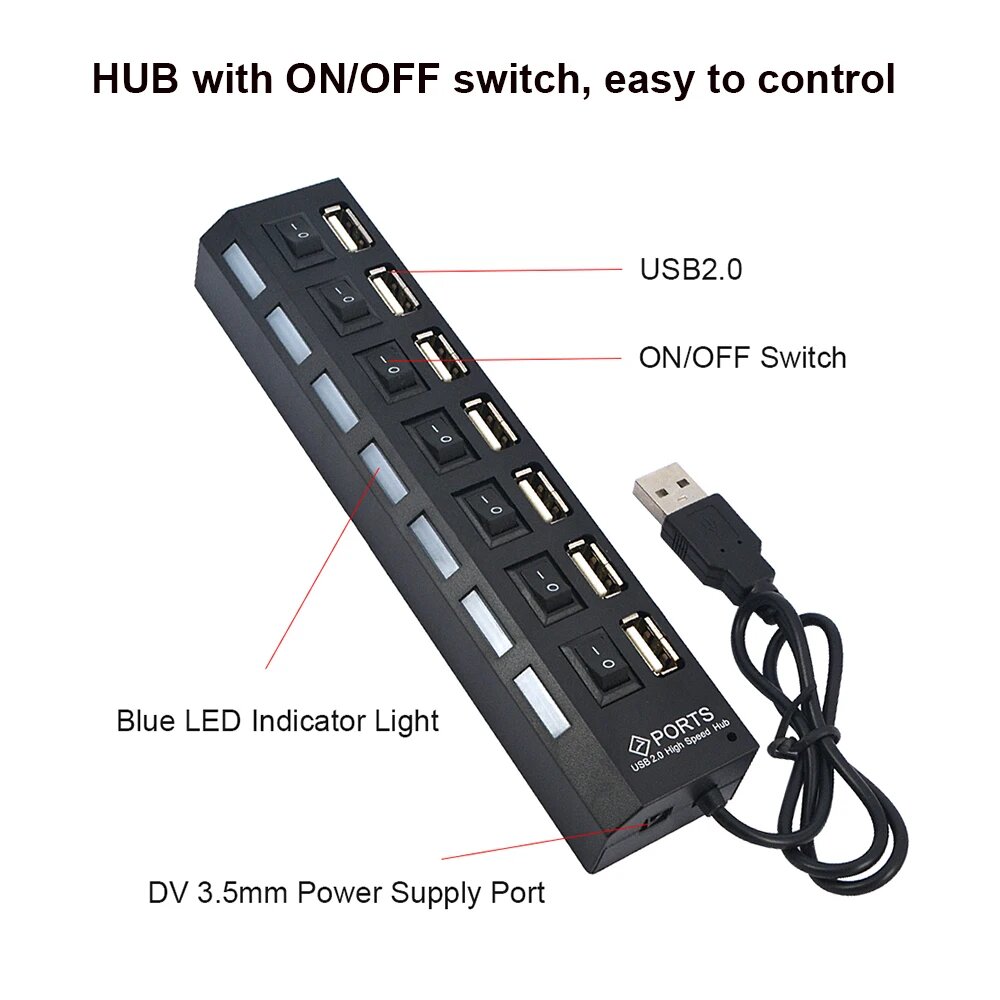 USB 2.0 концентратор 7-портовый с выключателем