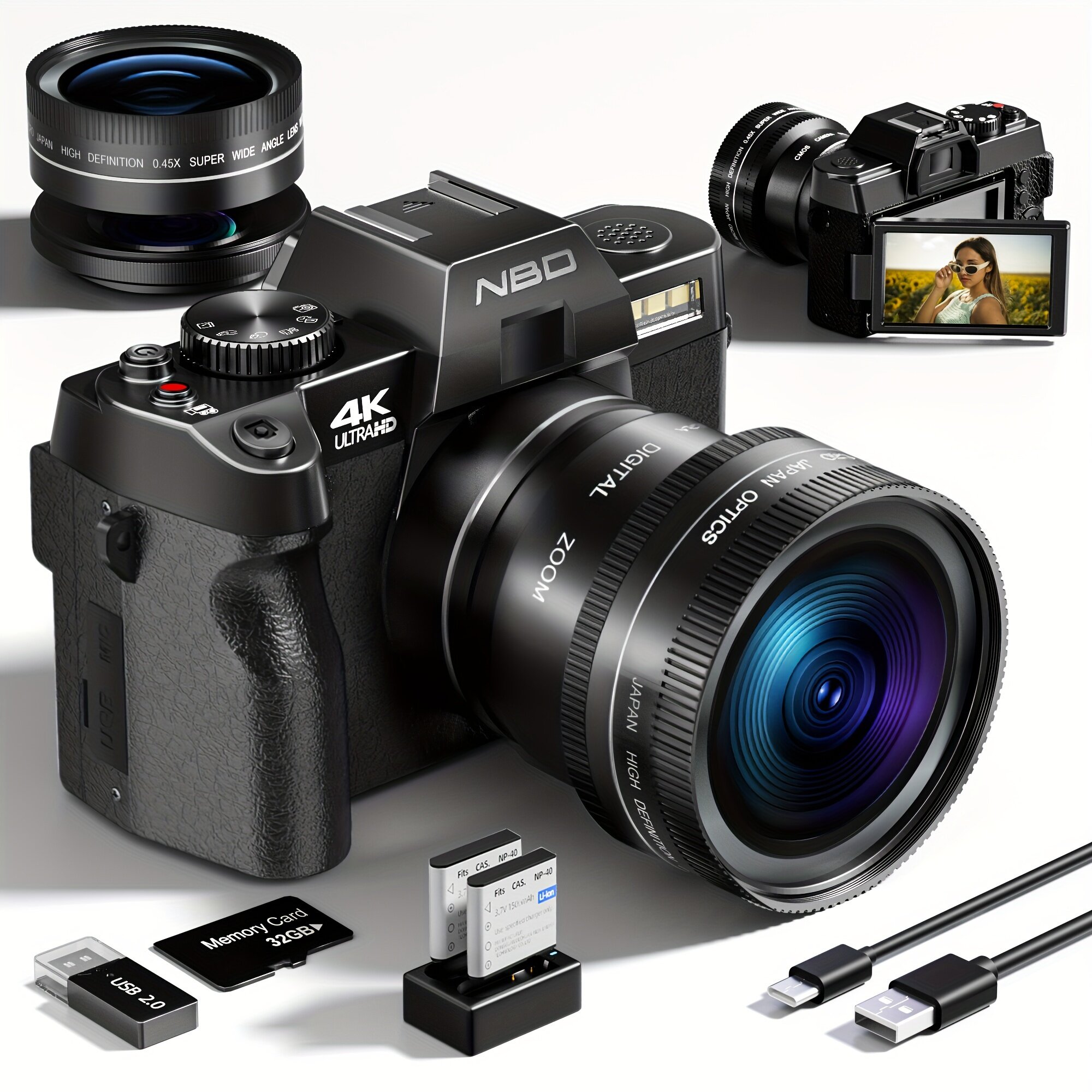 NBD S100 Pro 4K Digital Cameras For Photography, 48MP/60FPS Video Camera For Vlogging, WiFi & App Control Vlogging Camera, Small Camera With 32GB TF Card. Wide-Angle & Macro Lens